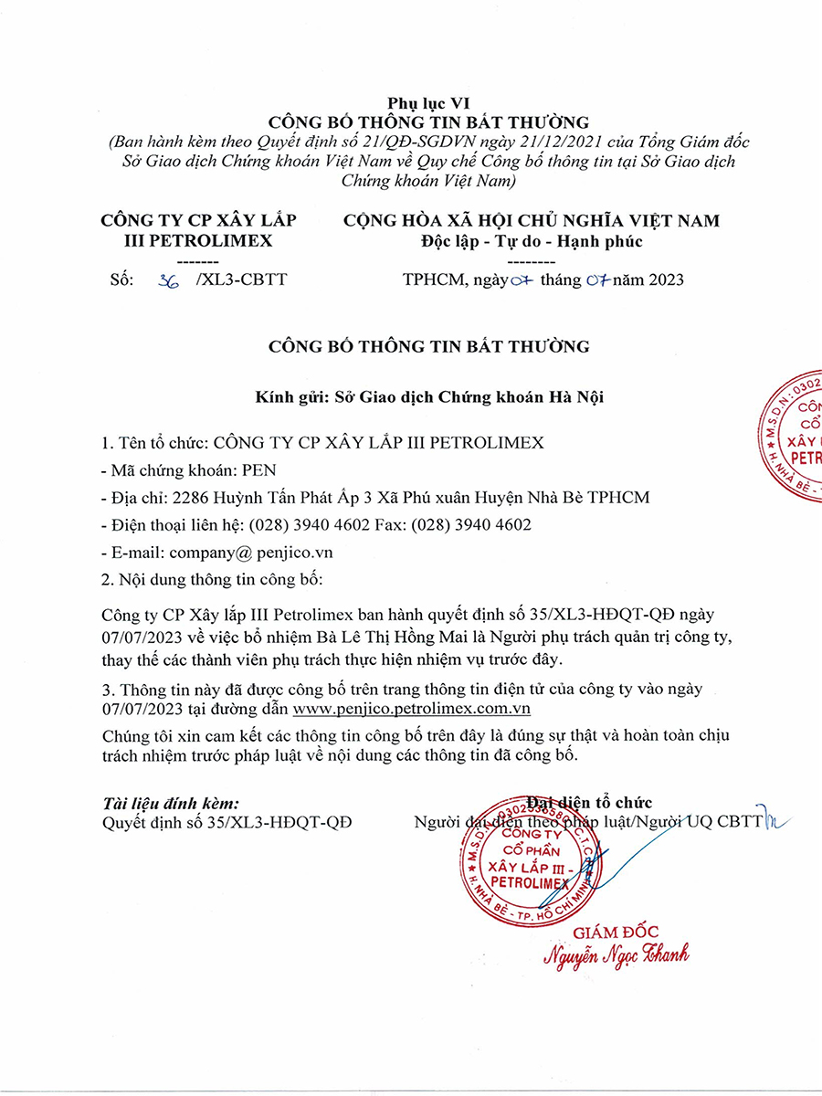Cbtt Về Việc Thay đổi Người Phụ Trách Quản Trị Công Ty Penjico